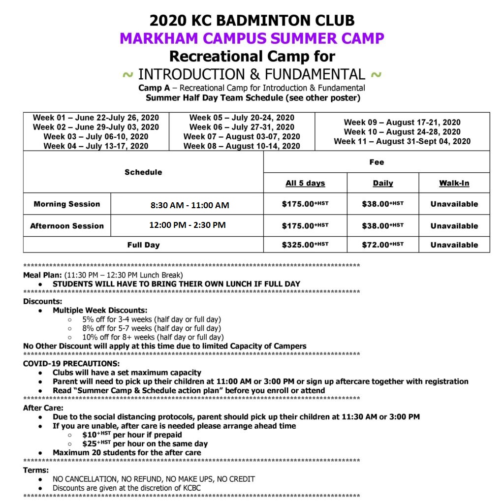 KCBC Markham Summer Schedule Information – KC Badminton Club