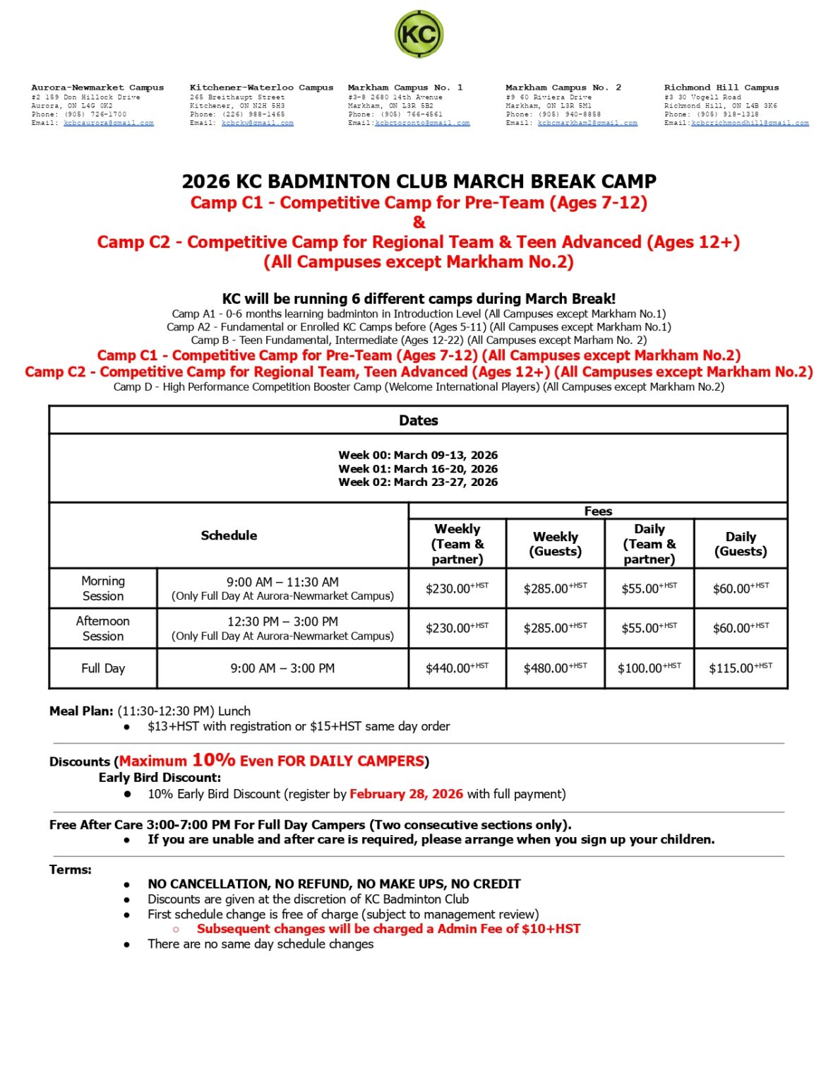 2026 March Break Camp Information – KC Badminton Club